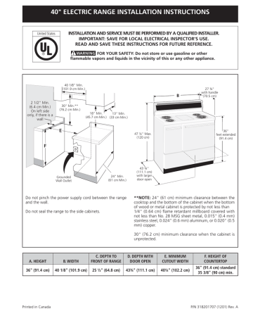 Electric Range 40" Installation Instructions | Manualzz