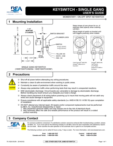BEA Keyswitch SINGLE GANG and JAMB User’s Guide | Manualzz