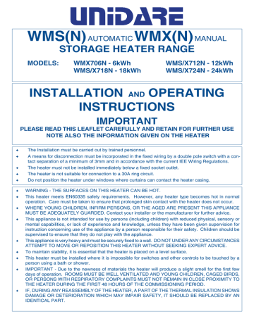 Unidare Storage Heater Installation & Operating Instructions | Manualzz