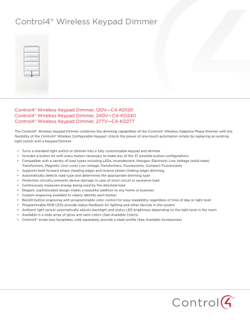 Control4 C4-KD240 Wireless Keypad Dimmer 240V Data Sheet | Manualzz