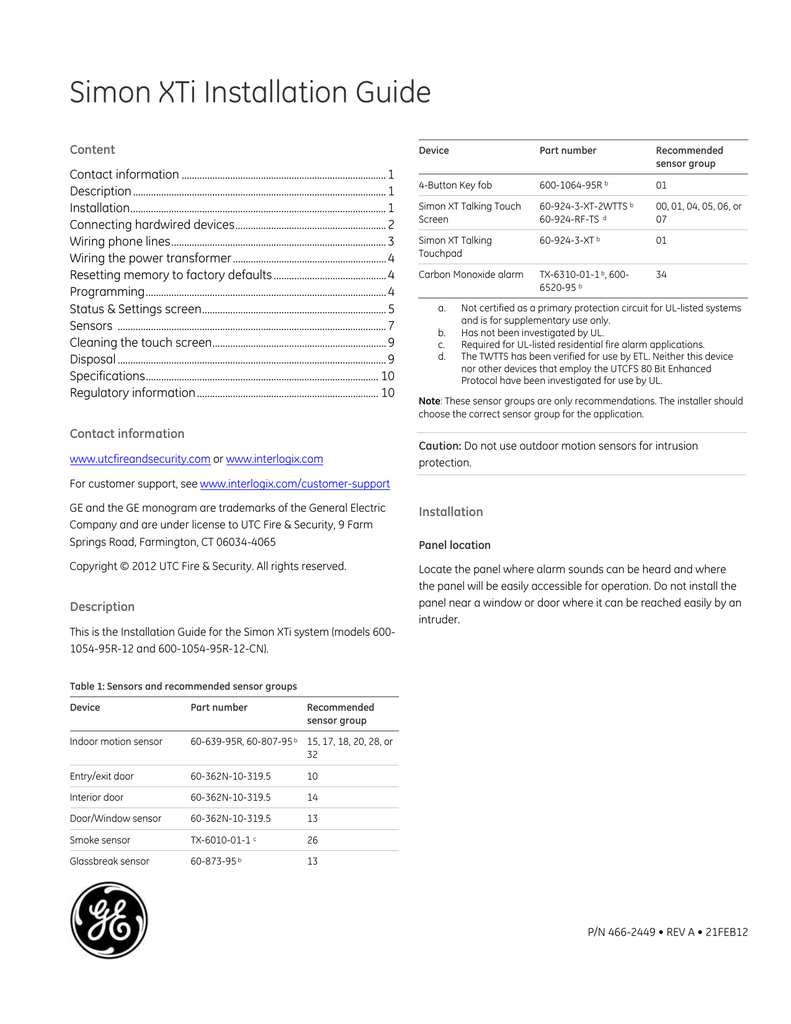 Simon XTi v1.5 Rev A Installation Guide 2012 | Manualzz