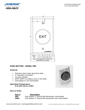 Securitron PB5 Push Buttons Specifications | Manualzz