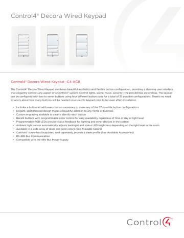 Control4 C4-KCB-BL Decora Wired Keypad Data Sheet | Manualzz