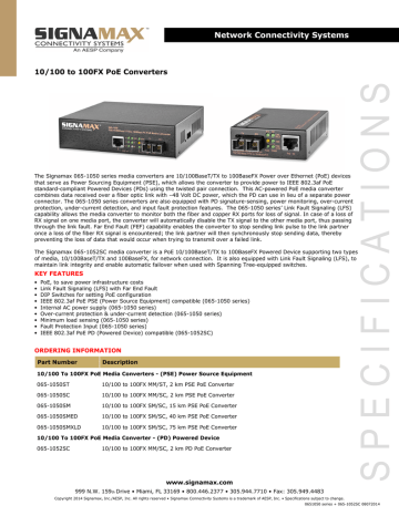 SignaMax 10/100 to 100FX PoE Media Converters Specification | Manualzz