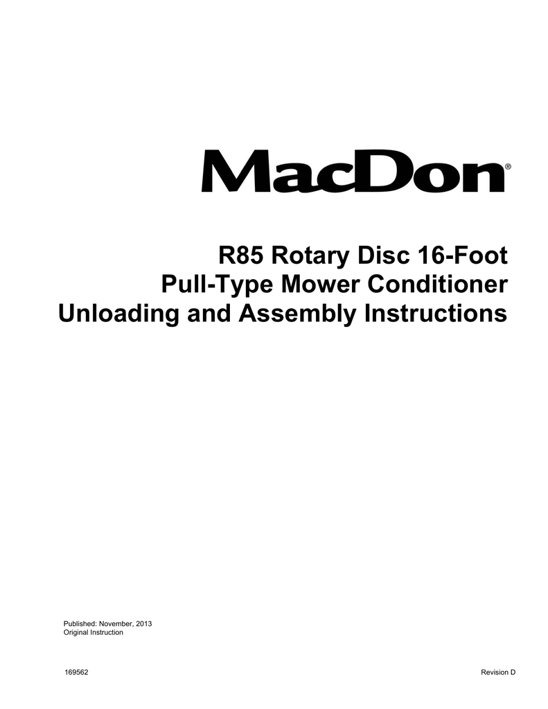 MacDon R85 Pull-Type Rotary Disc Unloading & Assembly Instruction ...