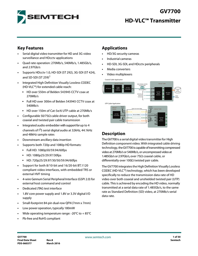 Semtech GV7700 Transmitters (Serializers) Datasheet | Manualzz