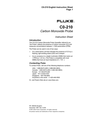 FLUKE Carbon Monoxide Probe CO-210 Instruction Sheet | Manualzz