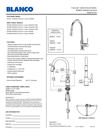 Blanco 441761 Single Lever Pull-Down Kitchen Faucet Spec Sheet | Manualzz