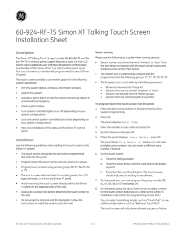 Simon XT 60-924-RF-TS Installation Sheet | Manualzz
