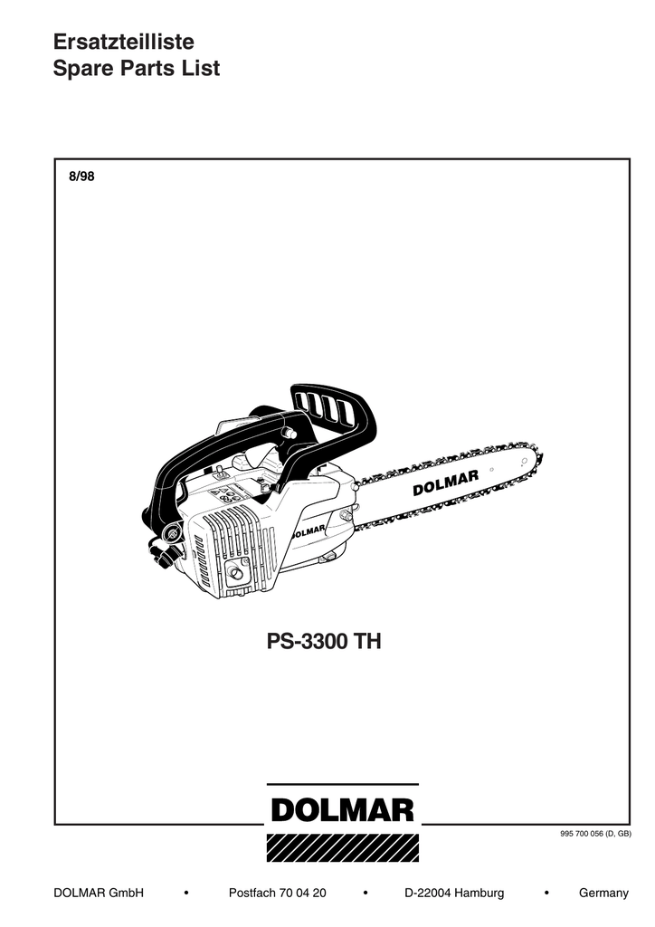 Dolmar PS-3300 TH Chainsaw Parts List 995 700 056 08, 44% OFF
