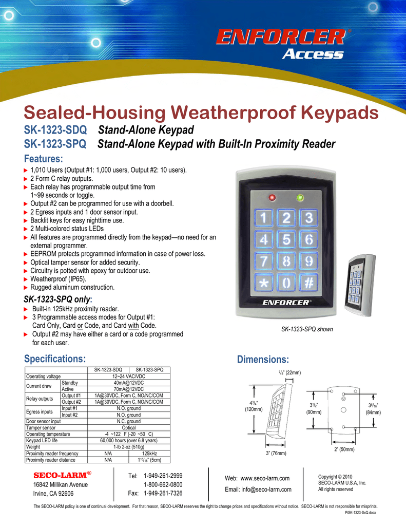 Seco-Larm SK-1123-SQ Outdoor access keypad-surface tillescenter Commercial Door Products Door ...