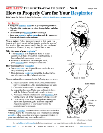 Respirator Care - Tailgate Training Tip Sheet | Manualzz