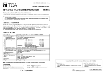 TOA TS-905 Infrared Transmitter/Receiver Instruction Manual | Manualzz