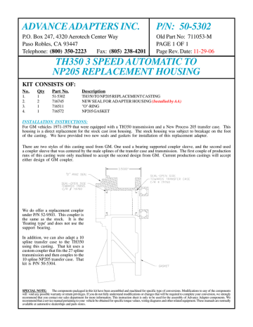 Advance Adapters 50-5302 STOCK GM TH350-NP205 Instructions | Manualzz
