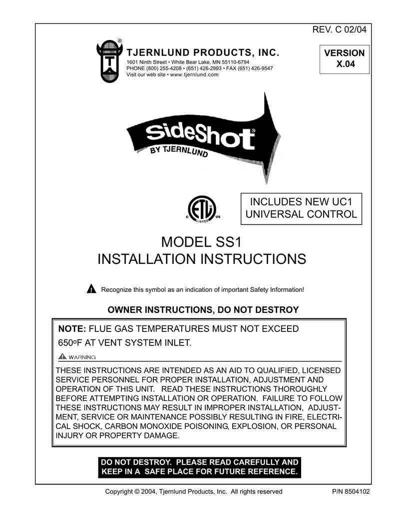 Tjernlund SideShot SS1 Installation Instructions Manual | Manualzz