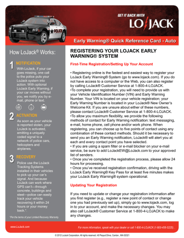 LoJack Early Warning Quick Reference Card | Manualzz