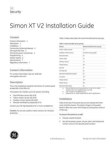 GE Security Simon XT V2 Installation manual | Manualzz