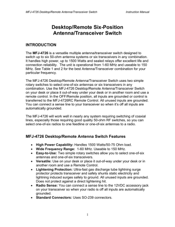 MFJ 4726 - ANT/XCVR DESK/REMOTE SWITCH, 6 POS, 1.8-150 MHZ Instruction ...