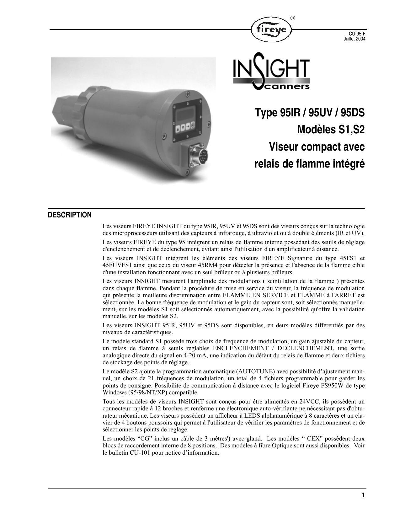 Fireye Insight Type 95IR/UV/DS Integrated Flame Scanner Manuel du ...