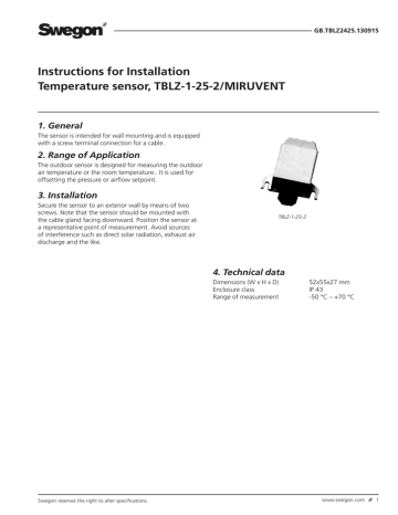Swegon TBLZ-1-25 Temperature sensor Instructions | Manualzz