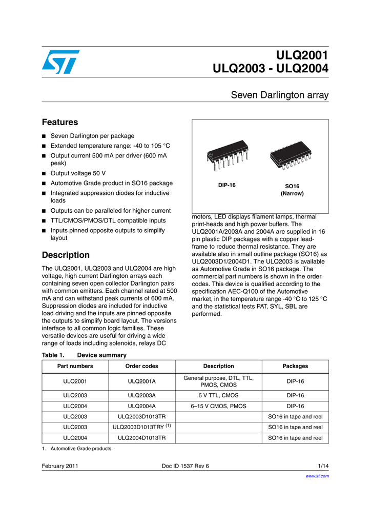 STMicroelectronics ULQ2001 Datasheet | Manualzz