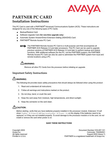 Avaya PARTNER PC CARD Installation instructions | Manualzz
