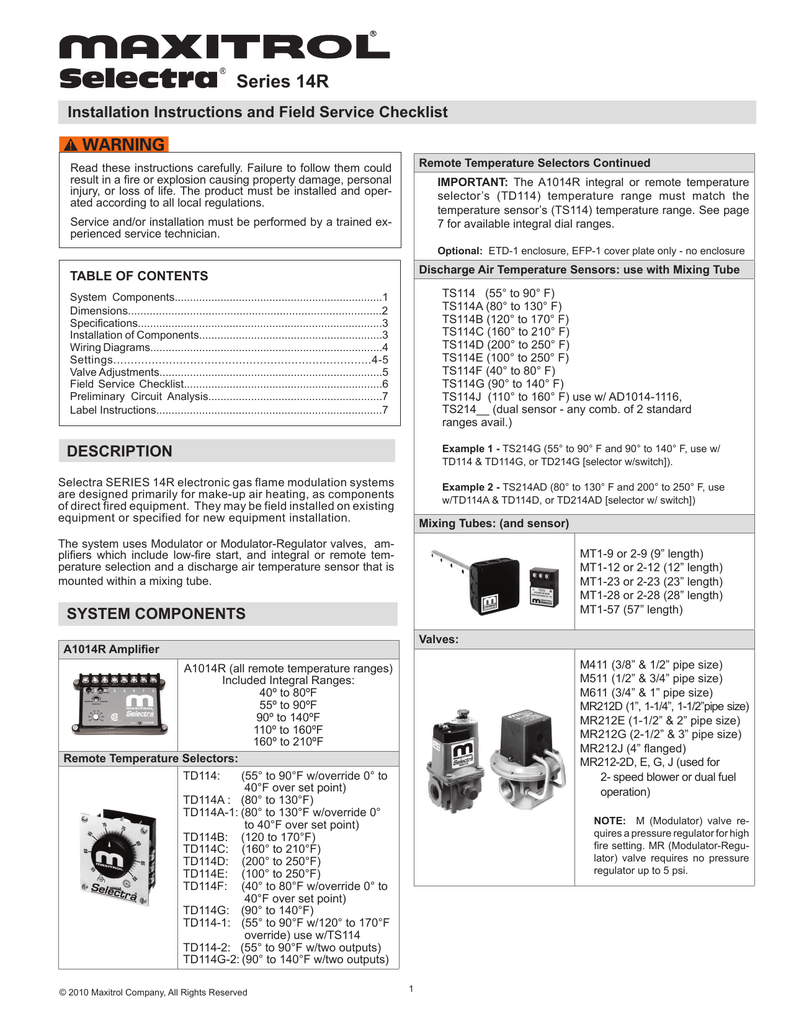 Selectra by Maxitrol - Series 14R Installation Instructions | Manualzz