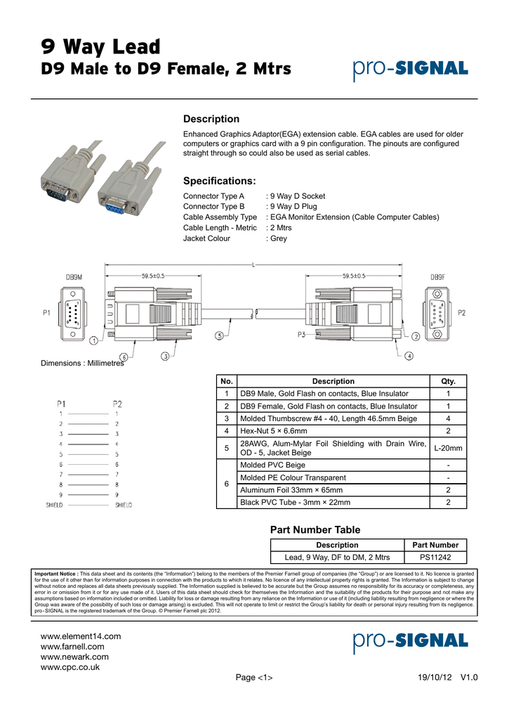 Datasheet for 2M DB9 Male to Female Cable | Manualzz