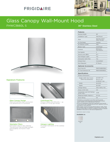 Frigidaire FHWC3660LS Range Hood Specification | Manualzz