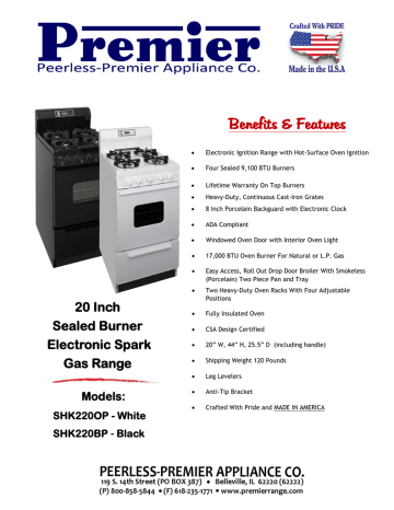 Premier SHK220OP 20 Inch Freestanding Gas Range Spec Sheet | Manualzz