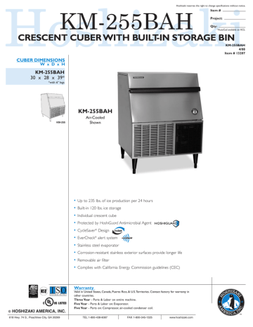 Hoshizaki KM-255BAH Specifications | Manualzz