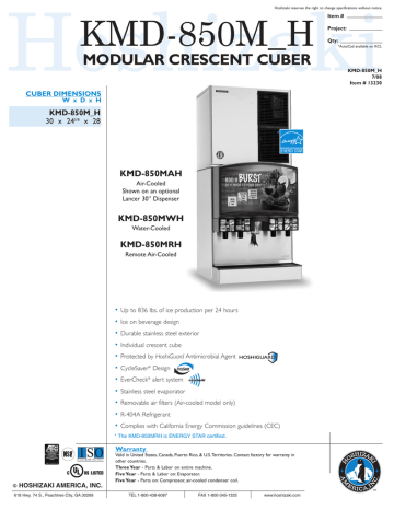 Hoshizaki KMD-850MWH Specifications | Manualzz