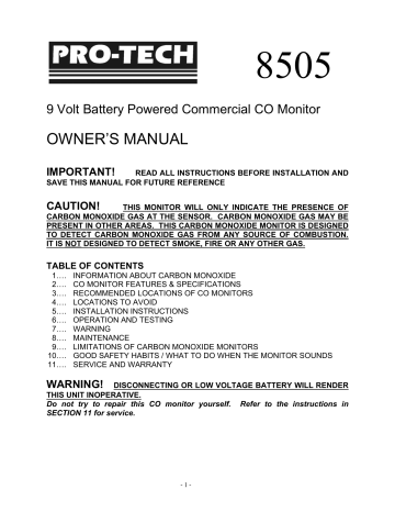 PRO-TECH 8505 Carbon Monoxide Monitor Owner's Manual | Manualzz