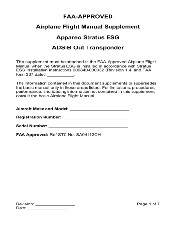 ADS-B Out Transponder Stratus ESG Airplane Flight Manual Supplement ...