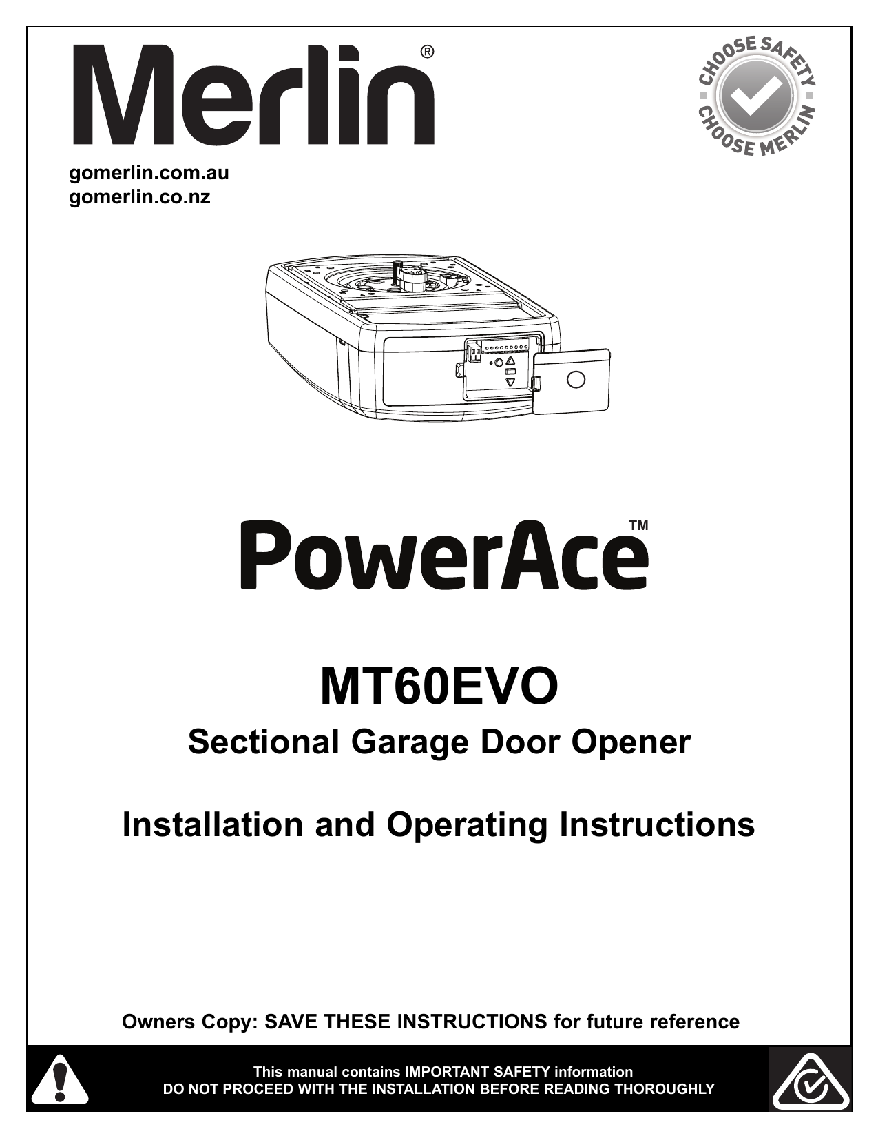 Merlin PowerAce MT60EVO Installation And Operating Instructions Manual ...