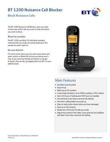 BT BT1200 Cordless telephone Specification | Manualzz