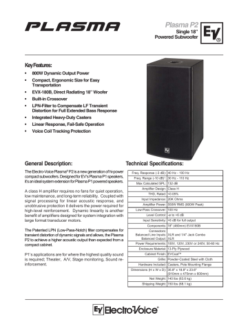 Electro-Voice Plasma P2 Data Sheet | Manualzz