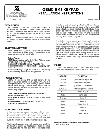 NAPCO GEMC-BK1 Keypad Installation Instructions | Manualzz