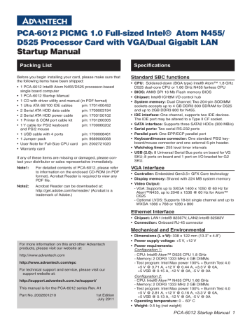 Advantech PCA-6012 Intel® Atom™ N455/D525 SBC Manual | Manualzz