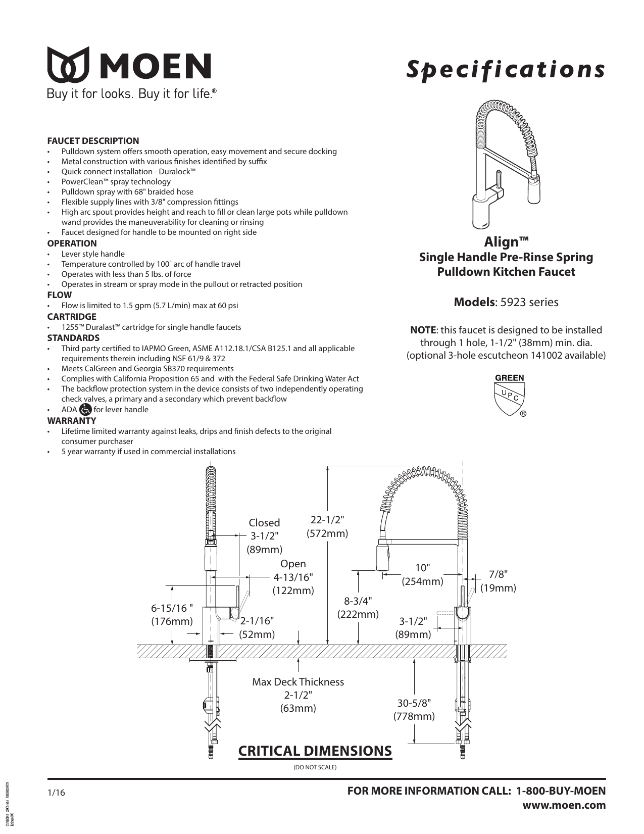 Moen 5923SRS, 5923BL, 5923 Specification | Manualzz