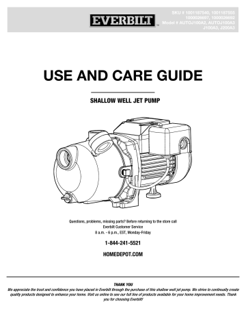Everbilt AUTOJ100A2 1/2 HP Shallow Well Jet Pump with 6 Gal. Tank Use and care guide | Manualzz