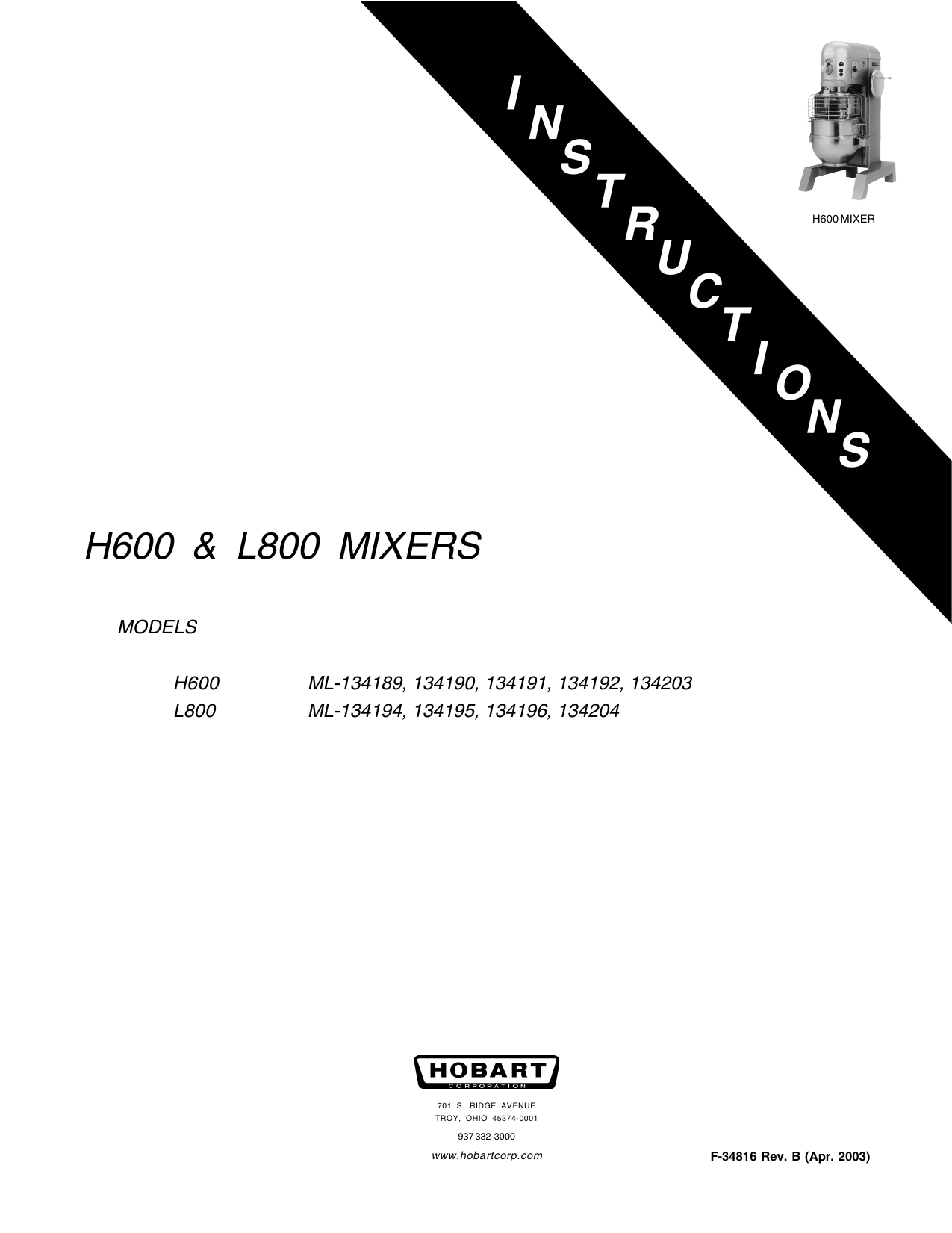 HOBART H600 L800 Mixer Instruction manual | Manualzz