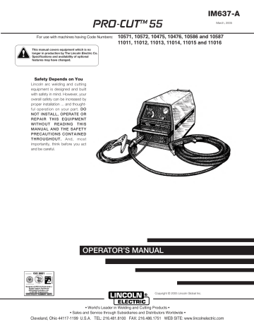 Lincoln Electric PRO-CUT 55 Plasma Cutting System Operator's Manual ...