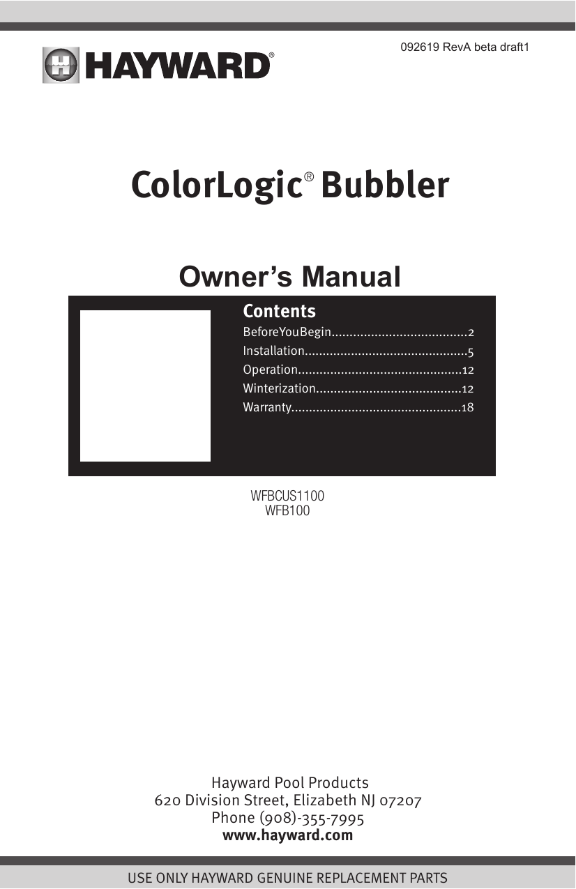 Hayward ColorLogic WFBCUS1100 Owner's Manual | Manualzz