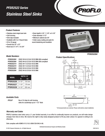 PROFLO PFSR252284 25 x 22 x 8 in. Single Bowl Drop-In 20 ga Stainless ...