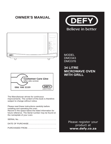 Defy 34L Grill Microwave Oven DMO 343 Owner Manual | Manualzz