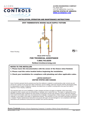 Acorn Engineering SFST-T-OT-ITG Installation, Operation And Maintenance ...
