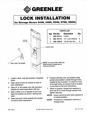 Greenlee Storage Box Lock Installation Kit Operator's Manual | Manualzz