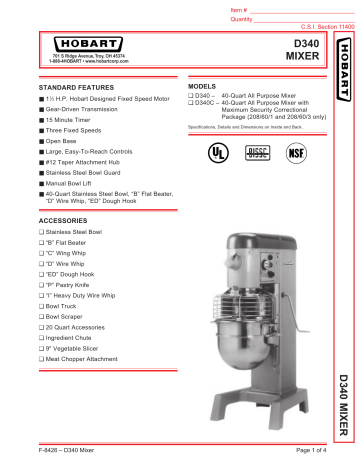 HOBART D340 Mixer Spec Sheet | Manualzz