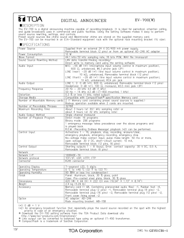 TOA EV-700 W Specification Data | Manualzz